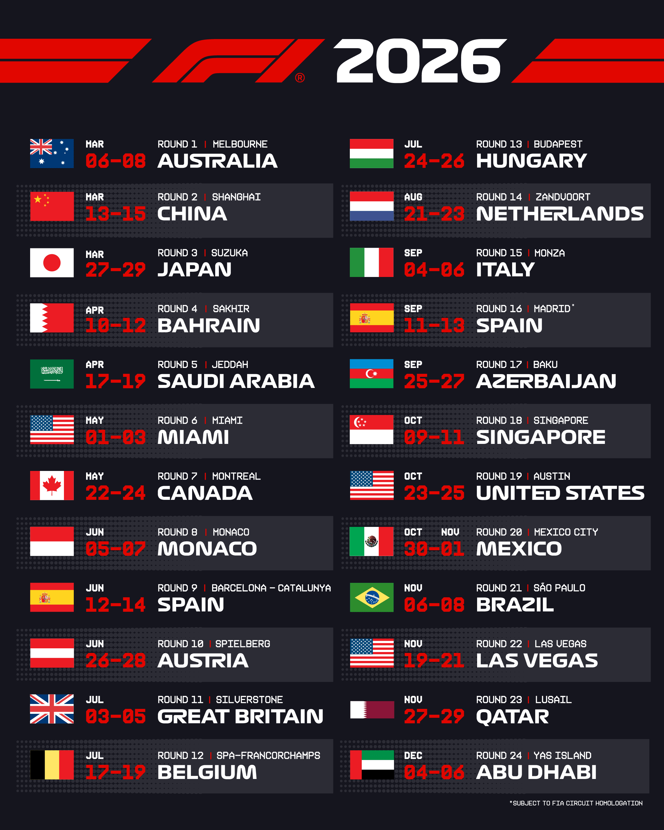 2026 F1 Calendar In Full Formula 1 Reveals Race Schedule For 2026